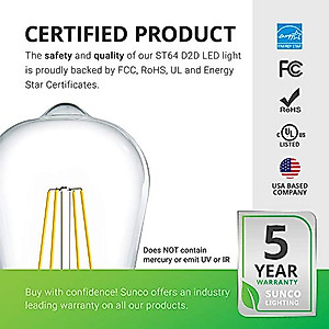 Sunco 2 Pack Dusk to Dawn Light Bulbs LED Edison 2700K Soft White, CRI90 7W Equivalent 60W, Vintage Style ST64 Extra Bright Automatic Bulb, 800 Lumens, E26 Base, Light Sensing Outdoor UL