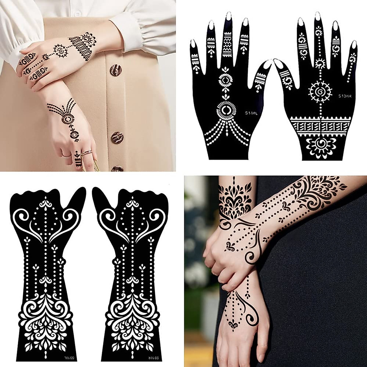 20 Sheets Large Henna Tattoo Stencils, Temporary Tattoo Templates for Hand Forearm Indian Arabian Glitter Airbrush Tattoo Stickers for Girls Woman