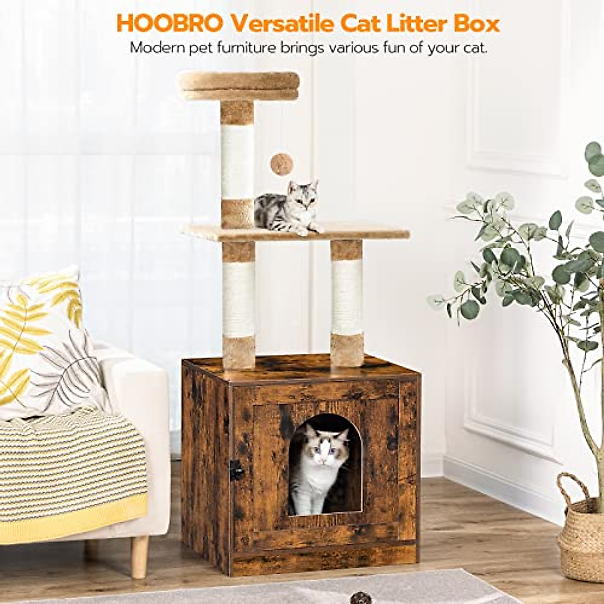 HOOBRO Litter Box Enclosure with Cat Tree Tower, Hidden Cat Washroom with Scratching Post and Soft Plush Perch, Wooden Cat Furniture, Indoor Pet Cabinet with Multiple Platforms, Rustic Brown BF12MW03