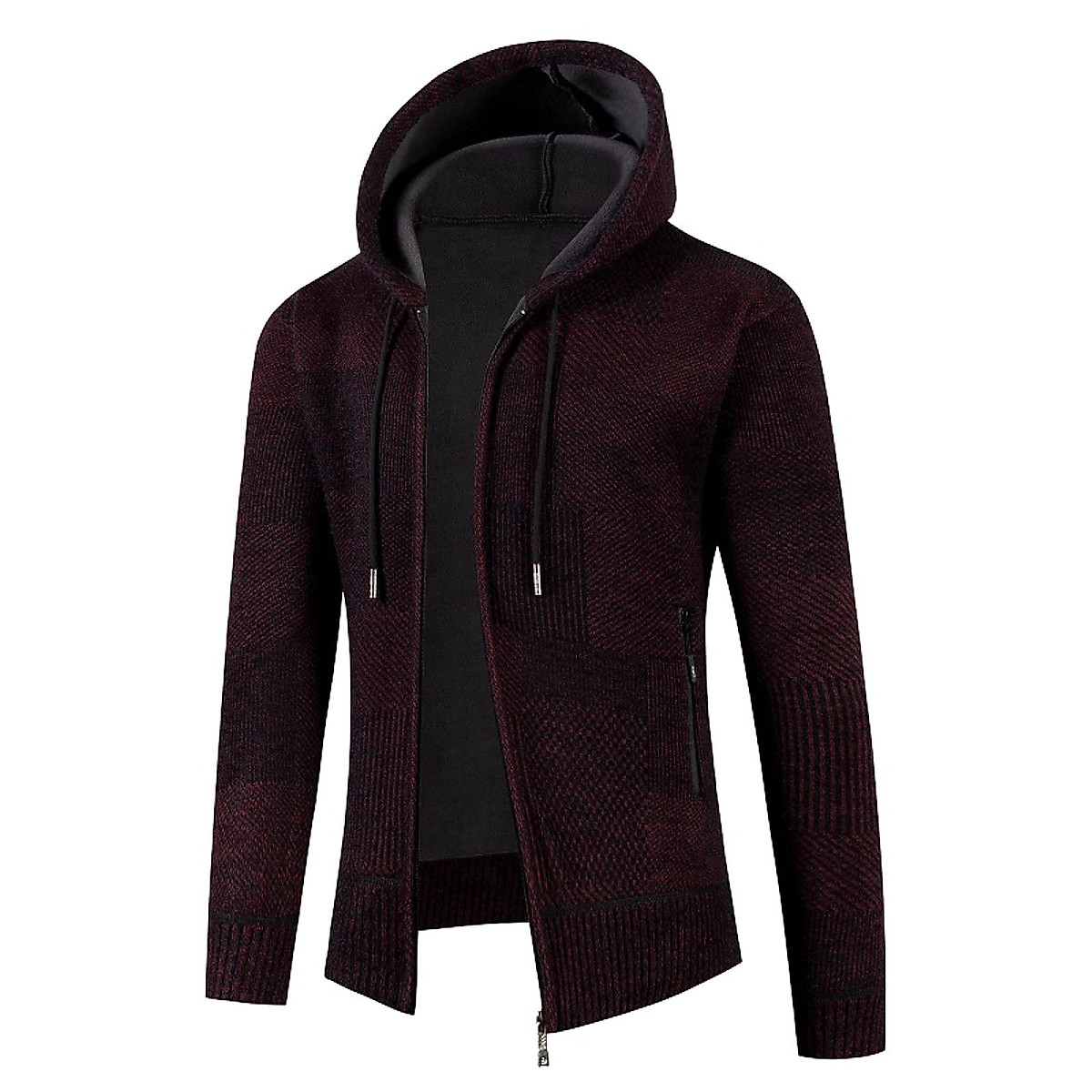 GDJGTA Lightweight Jackets for Men Winter Long Sleeved Plus Velvet Solid Color Hooded Sweater Cardigan Outerwear (Wine, XL)