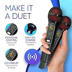 MASINGO Bluetooth Karaoke Machine for Adults and Kids - 2 Wireless Karaoke Microphones with Duet Mic Stand - Portable PA Speaker System, Disco Ball, Party Lights, TV Cable & Guitar Plug in - Lento X5