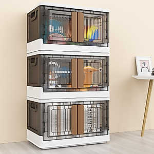 BROVIEW V6S Closet Organizers and Storage, 8.4Gal Plastic Storage Bins with Lids, 3Pack Collapsible Storage Boxes with Wheels, Stackable Storage Containers with Doors for Home Office Dorm Essentials