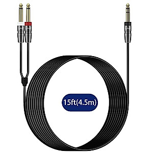 J&D 1/4 inch TRS Cable, Copper Shell 6.35mm 1/4 inch TRS Male to Dual 6.35mm 1/4 inch TS Male Stereo Y Splitter Insert Cable, Gold Plated Mono Breakout Cable Audio Cord, 15 Feet