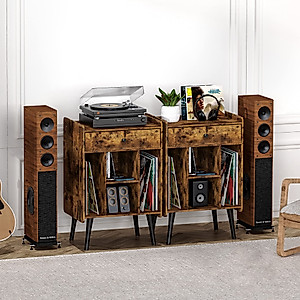 Sengroce Record Player Stand with Record Storage, Charging Station & USB Ports, Turntable Table with Drawer, Up to 165 Albums for Living Room, Bedroom