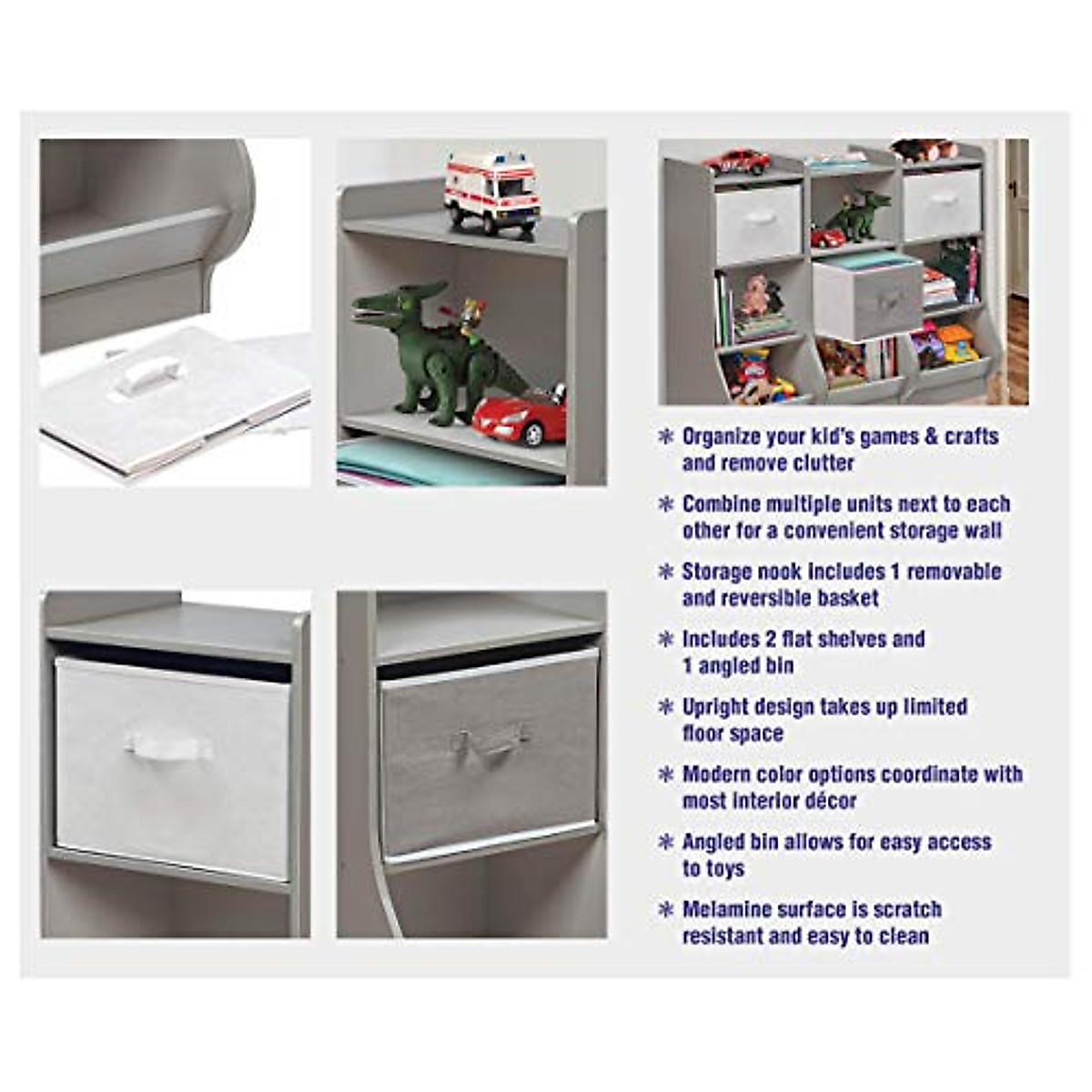 Badger Basket Kid's Upright Toy and Book Storage Nook with Reversible Fabric Basket - Woodgrain Gray