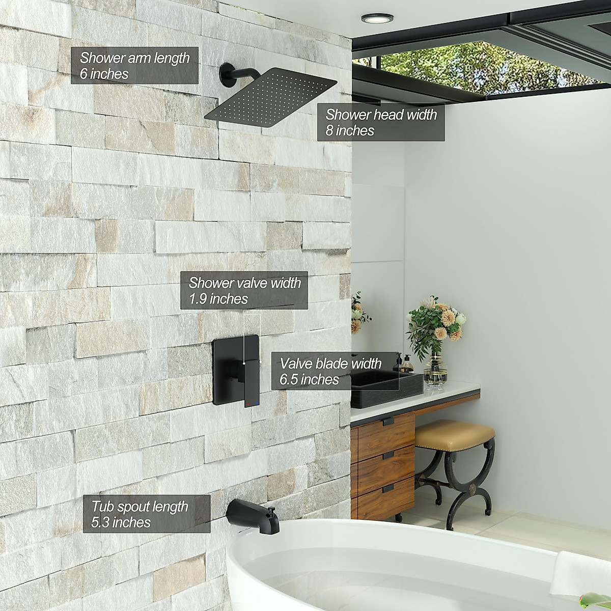 Alesco Tub Shower Faucet, Black Shower Faucet Set with 8-Inch Shower Head and Tub Spout, Shower Head and Handle Set Include Shower Valve, Tub Shower Trim Kit, Matte Black