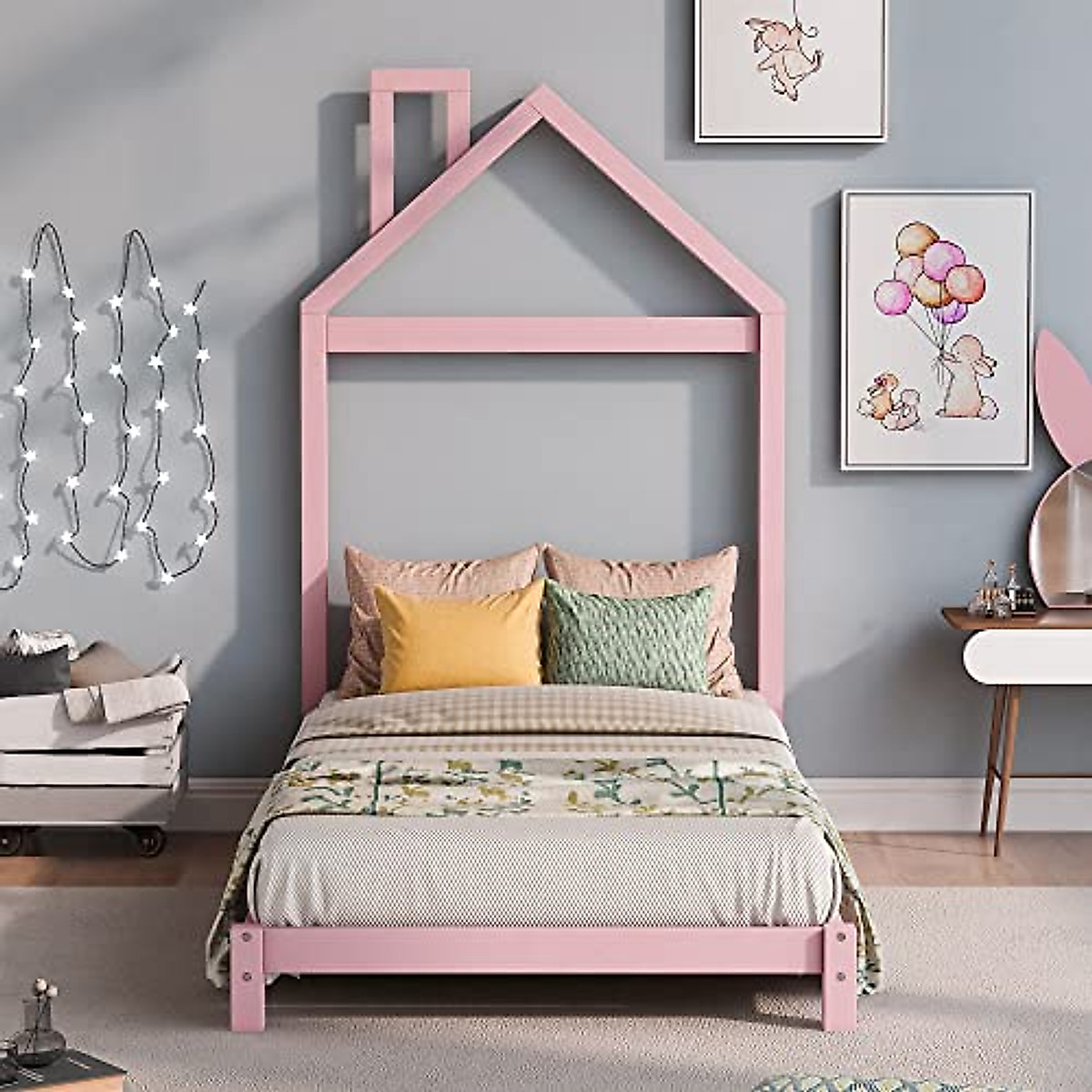 Merax Twin Kids Bed House Shaped Low Beds, Wood Platform Bed Frame for Girls,No Box Spring Needed,Easy Assemble (Twin,Pink