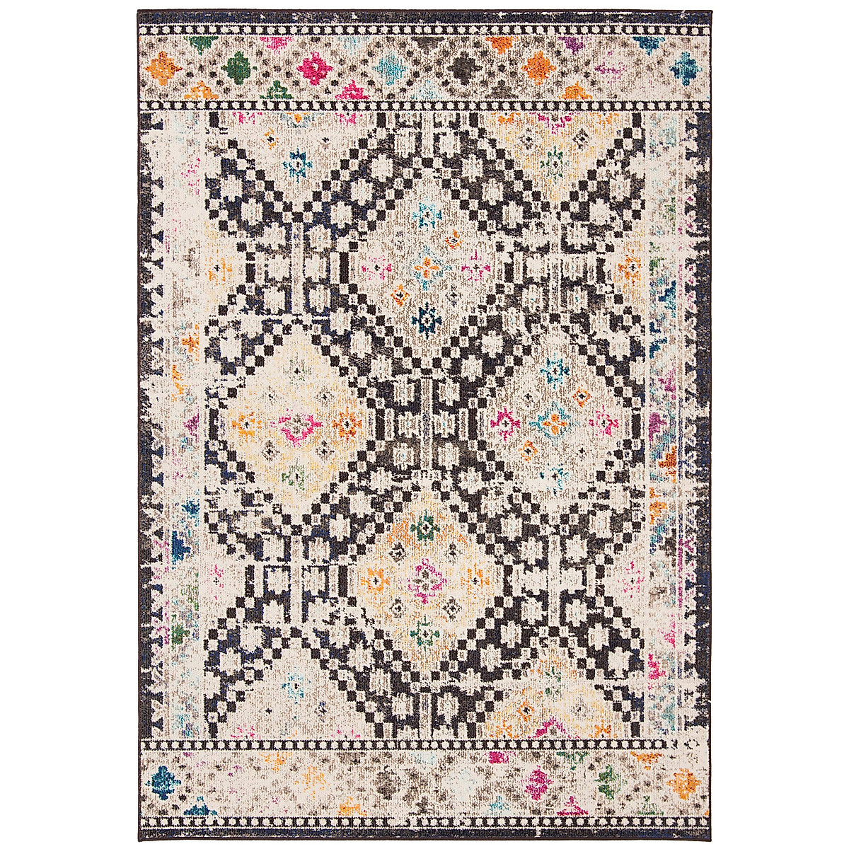 SAFAVIEH Madison Collection Area Rug - 5'3" x 7'6", Black & Yellow, Boho Diamond Distressed Design, Non-Shedding & Easy Care, Ideal for High Traffic Areas in Living Room, Bedroom (MAD418Z)