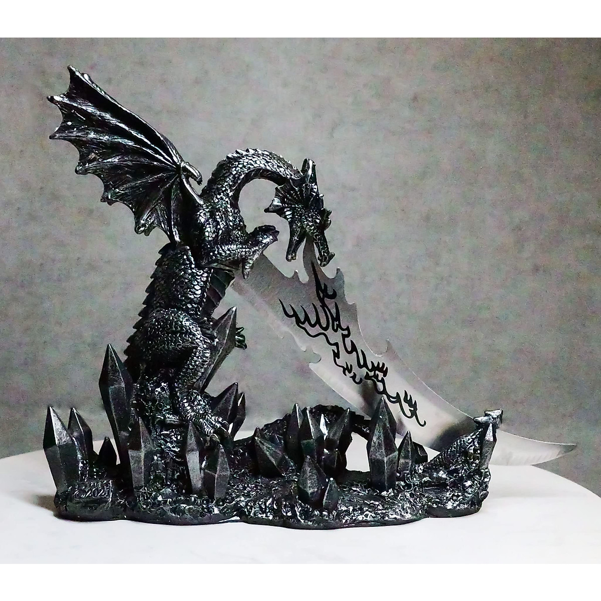 Ebros Medieval Dreamwork Fantasy Dragon Fire Breath Dagger Letter Opener Knife With Base Holder Statue Home Office Decor Figurine Dungeons And Dragons GOT Obsidian Blade