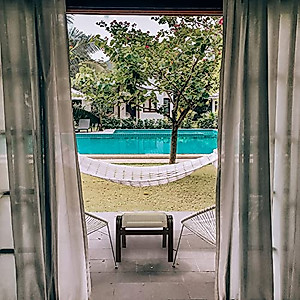 Deugold Outdoor Patio Ottoman Seat Textilene Portable Metal Footstool Portable Footrest Patio Chairs 2 Set Beige