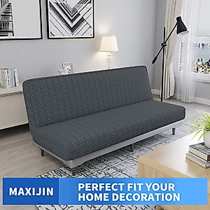 MAXIJIN Jacquard Futon Cover Stretch Armless Sofa Cover Soft Slipcover with Elastic Bottom Thick Furniture Protector for Washable Futon (Dark Gray)