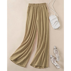 Hisanny Womens Plus Size Linen Pants Wide Leg Palazzo Trousers High Elastic Waist Flowy Culottes with Pockets Khaki XX-Large