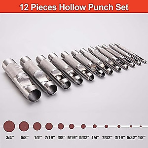 Spurtar 12 PCS Steel Hollow Leather Punch Set 1/8''-3/4''(3-19mm) Heavy Duty Round Hole Punch Set Leather Hole Tool for Watch Cloth Belt Gaskets w/Storage Bag