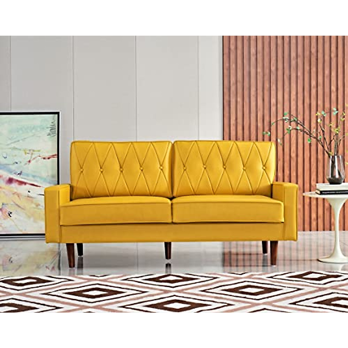 Container Furniture Direct Modern Style Faux Leather Sofa with Elegant Round Tapered Legs and Button Tufted Backrest Perfect for Living Room, Bedroom or Home Office, 69.3’’ Wide, Musterd Yellow