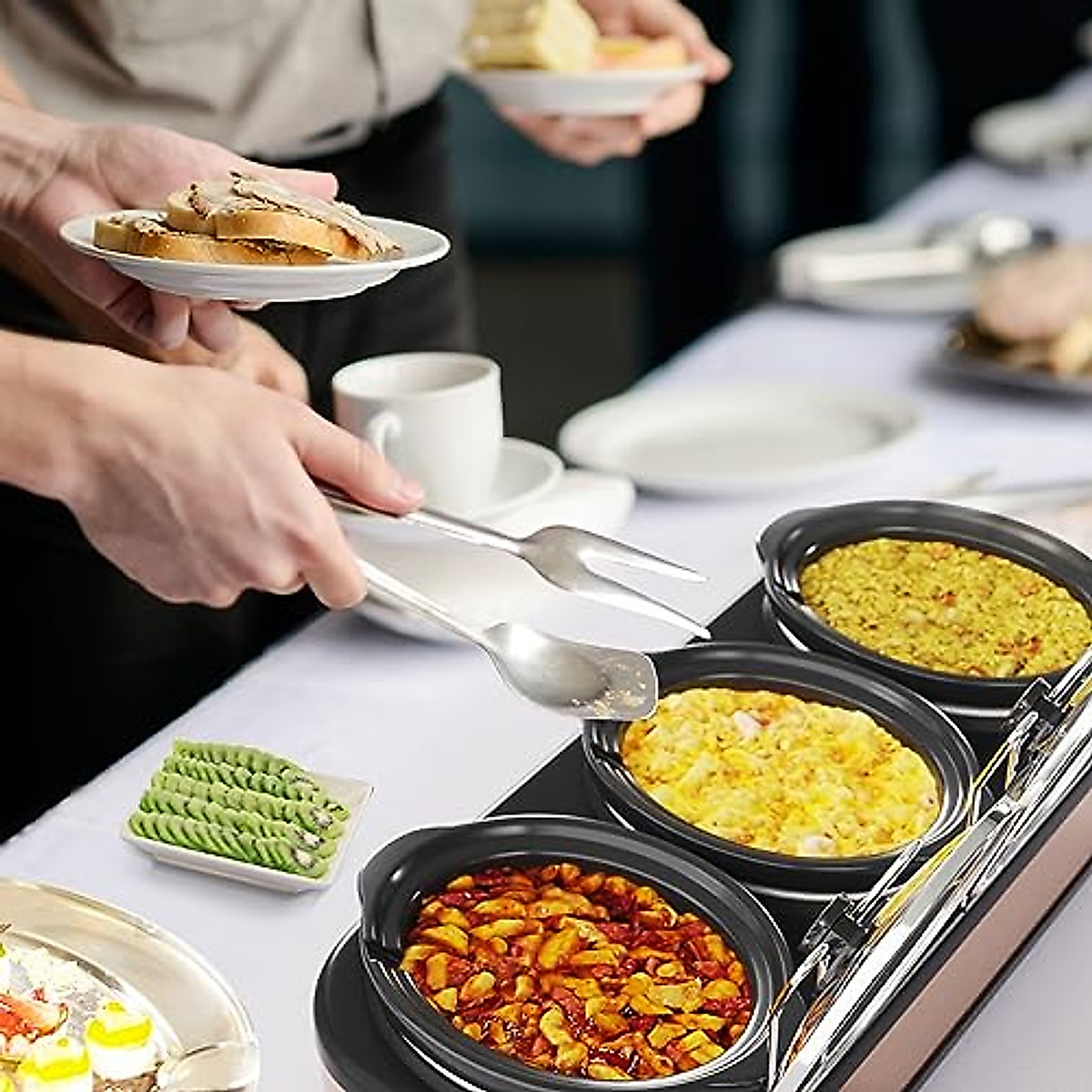 Sunvivi Triple Slow Cookers, 3x1.5 Qt Food Warmer Adjustable-Temp Server, Buffet Server for Parties, Mini Crock Dips Pot, Entertaining ＆ Holiday, Dishwasher Safe Glass Lid & Ceramic Pot, Stainless Copper with Lid Rests, 2 Year-Guarantee