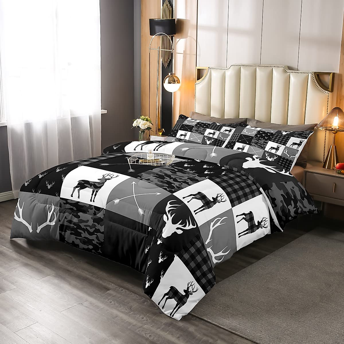 Camo Deer Boys Twin Comforter Set,Deer Antlers Silhouette Black Grey Camouflage Quilt Set for Kids Adults Room Decor,Wild Animals Hunting Adventure Rustic Comforter,Geometric Plaids Arrow Bedding Set