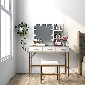 Vanity Table with Lighted Mirror, 3 Drawers Makeup Desk Dressing Table with Lots Storage Vanity Set with Wider Cushioned Stool for Bedroom (White)