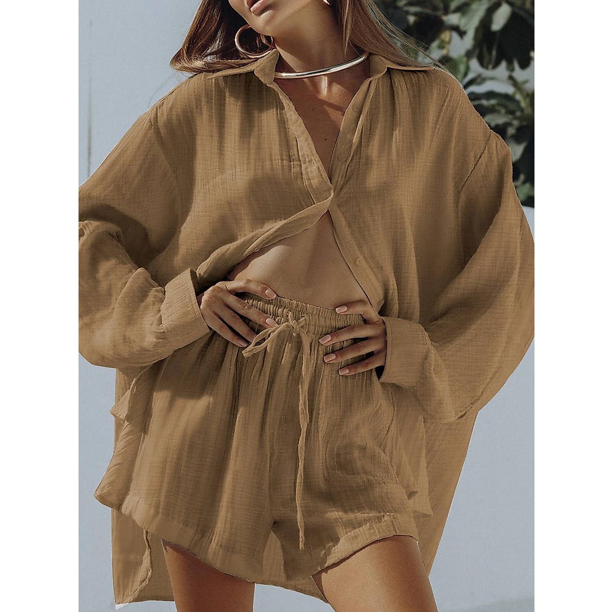 Fixmatti Two Piece Summer Sets for Women Button Down Long Sleeve Shirt with Shorts Casual Matching Set Streetwear Brown XL