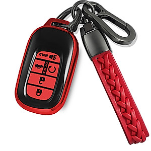 Yonmcfn for Honda Key fob Cover with Leather Keychain,Soft TPU 5 Buttons Key Shell,fit 2022 2023 Civic Accord Remote car Key(Red)