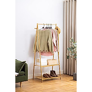 GLISOO Bamboo Garment Rack, 2-Tier,100% Bamboo Garment Rack with Top Hanging Rod and Bottom Storage Shelves, Indoor Plant Stand, Freestanding Clothes Hanging Rack, (Natural)