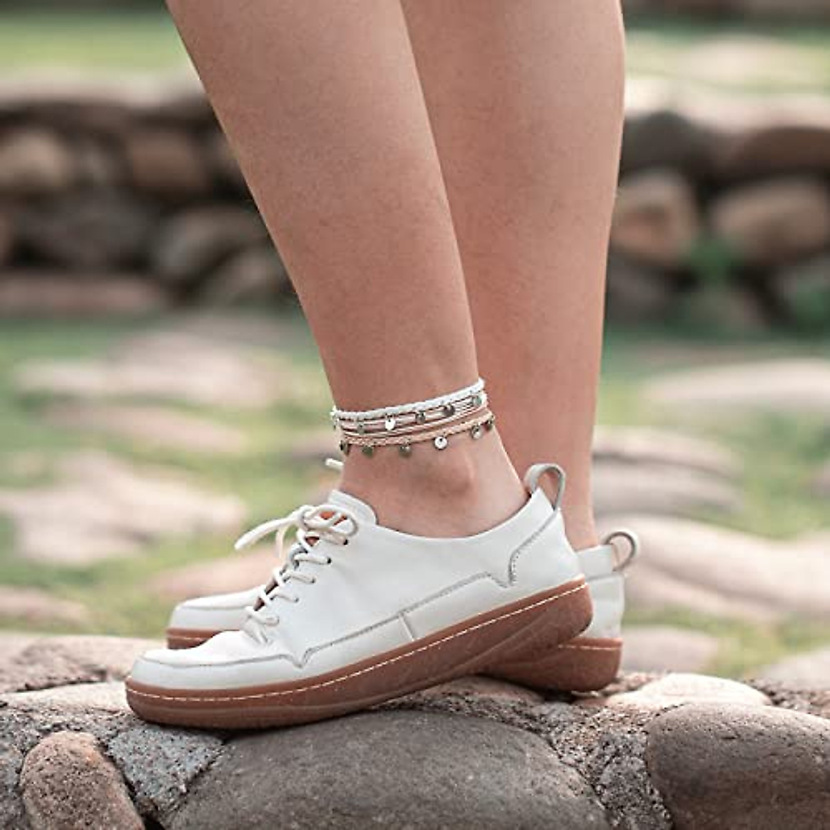 FANCY SHINY Boho Ankle Bracelets Waterproof String Anklets Braided Rope Anklet Beach Surfer Anklets Cute Coin Foot Jewelry for Women Teen Girls(White)