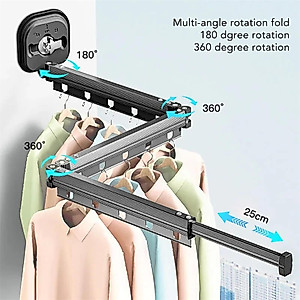 Tri Folding Clothing Rack Suction Cup, Clothes Drying Rack with Extended Arm, Suction Cup Wall Mount Folding Clothes Drying Rack, Suction Cup Drying Rack Clothing with Hooks (Black, 13.4inch)