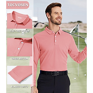 TACVASEN Mens Golf Shirts Long Sleeve Mens Polo Shirts Athletic Polo Shirt for Men Dry Fit Long Polo for Men Quick Dry Polo Shirts for Men Grey Pink