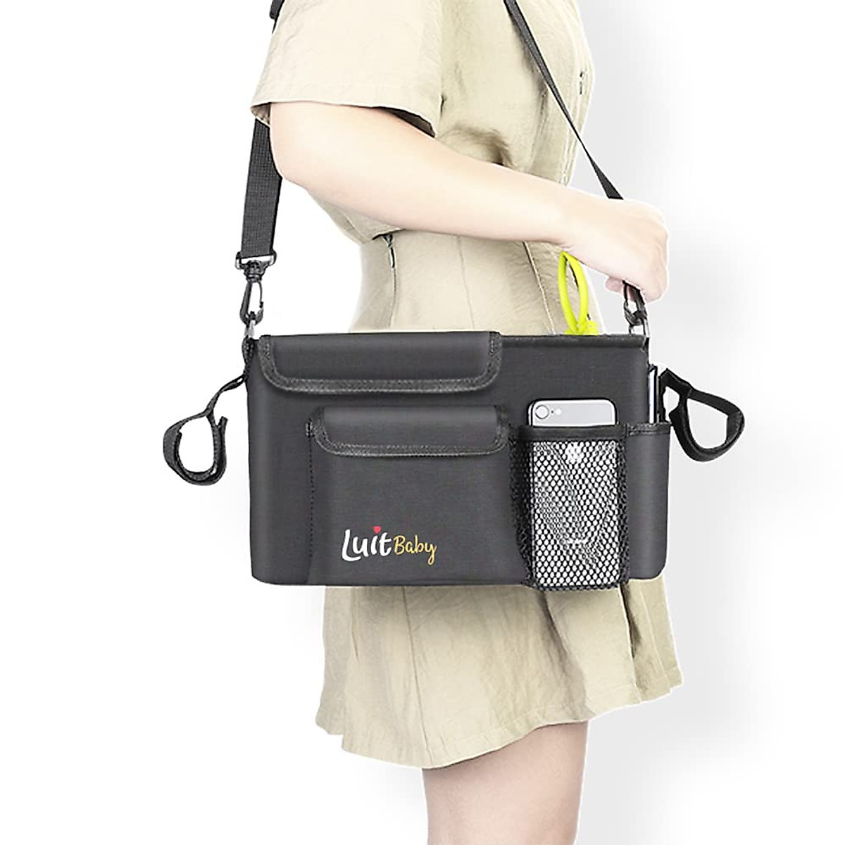 LuitBaby Large Universal Stroller Organizer Bag with Insulated Stroller Cup and Phone Holder | Stroller Accessories Organizer and Waterproof Bottle Holder and Shoulder Strap (Black)
