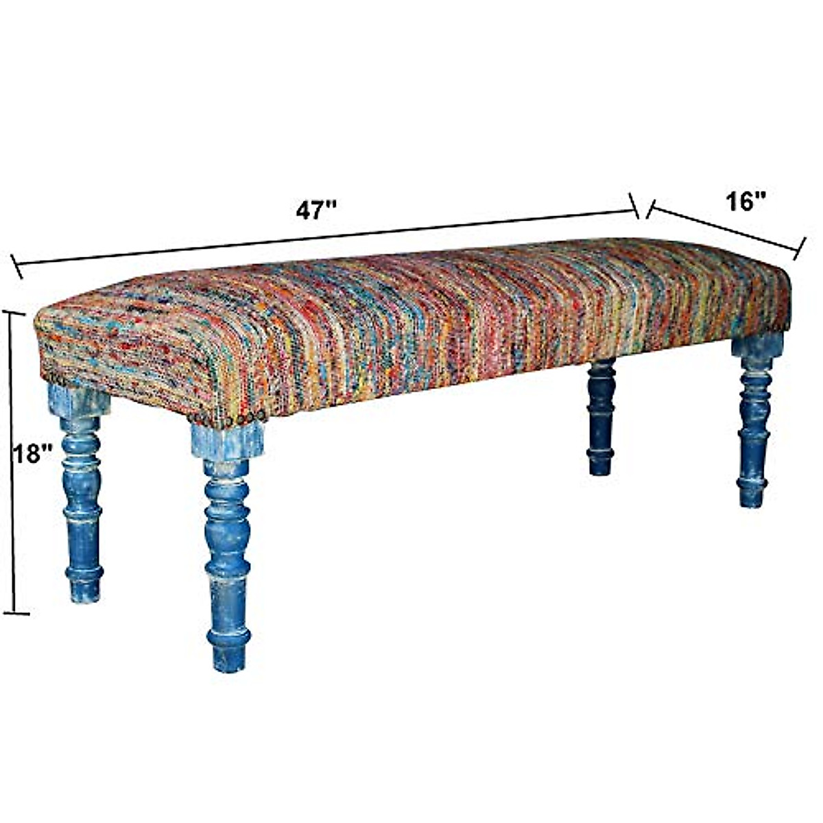 LR Home Colorful Chindi Blue Legs Bench, 1'6" x 3'11" x 1'4", Multi