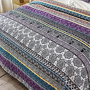 WONGS BEDDING Boho Quilt Set Full Size, Purple Bohemian 3 Pieces Quilt Sets, Lightweight Summer Bedspread Coverlet Bedding Set for All Season (90"x78")