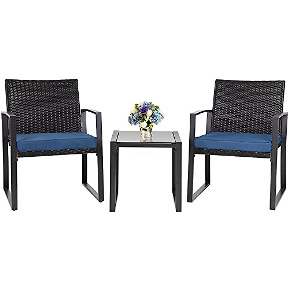 Oakmont 3 Pieces Patio Furniture Set Outdoor Wicker Conversation Set Modern Bistro Set Black Rattan Balcony Chair Sets with Coffee Table for Yard and Bistro(Navy Blue)