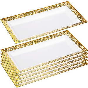 Yumchikel-Elegant Plastic Serving Tray & Platter Set (6pk) - White & Gold Rim Disposable Serving Trays & Platters for Food - Weddings, Upscale Parties, Dessert Table, Cupcake display - 7.5 x 14 inches