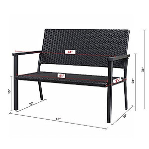 C-Hopetree Outdoor Loveseat Bench Chair for Outside Patio Porch, Metal Frame, Black All Weather Wicker