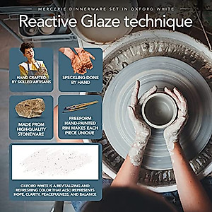 Potter's Corner by Maison Neuve 16-Piece Dinnerware Set Service for 4 - Hand Crafted Bowls and Plates Set w/Mugs, Stoneware Dinnerware Set, Microwave & Dishwasher Safe Plate Set - Oxford White