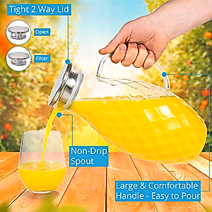 Large Glass Pitcher with Lid and Spout - 100 Ounces Big Cold and Hot Water Carafe with Unique Glass Diamond Pattern, Beverage and Water Pitcher for Homemade Iced Tea and Juice.