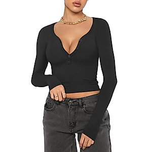 REORIA Women Fall Sexy Long Sleeve Henley T Shirts V Neck Button up Casual Basic Vintage Y2K Slim Fitted Ribbed Knit Tees Crop Tops Black Medium