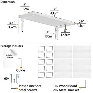 Wallniture Arras 17"x6" Floating Shelves for Storage, Bookshelf Living Room Decor, Wall Storage Shelves for Kitchen, Hallway Floating Shelf, Dining Room Wall Bookshelves Set of 10, White, Wood