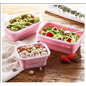 Camping Silicone Food Storage Container, Collapsible Vegetable Fruit Container Storage Cabinet Silicone Food Storage Lunch Box 3 Set Microwave Safe Container (Pink)