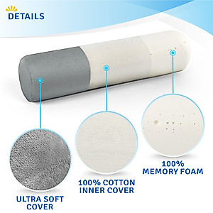 Healthex Cervical Neck Roll Pillow, Memory Foam Pillow, Cylinder Round Pillow, Pain Relief Neck Pillows for Sleeping Support, Removable Washable Cover (Grey)