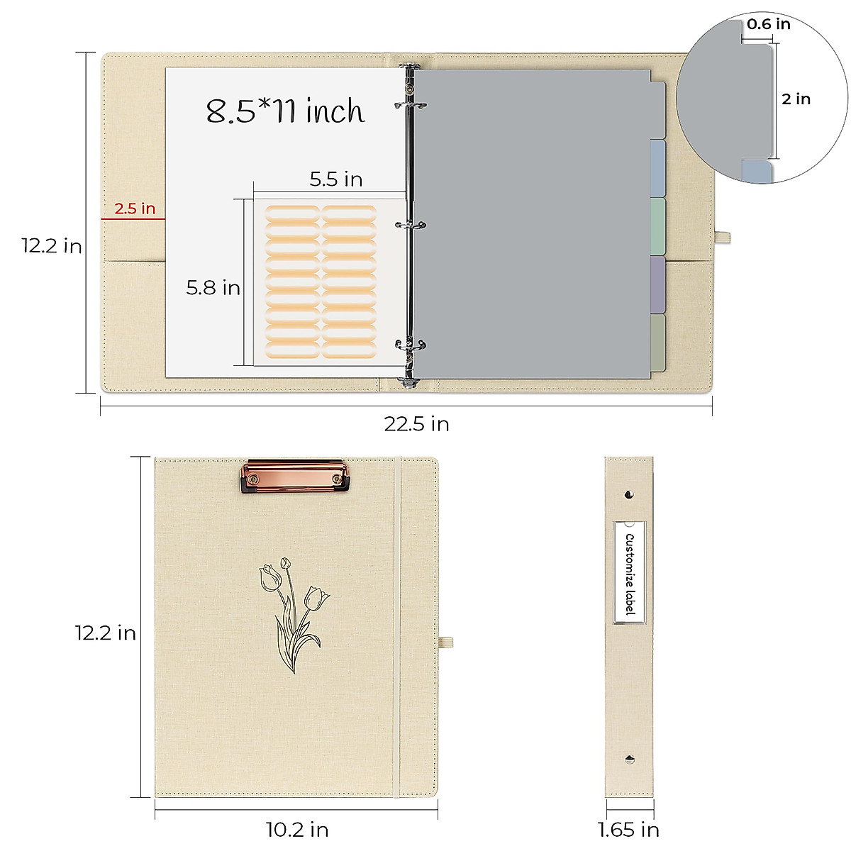 EYROZILL 3 Ring Binder, 1 Inch Linen Binder Organizer for Letter Size (8.5" x 11") with 5 Tab Dividers, File Folder Labels and Low Profile Clipboards, School and Office Supplies- Tulip White