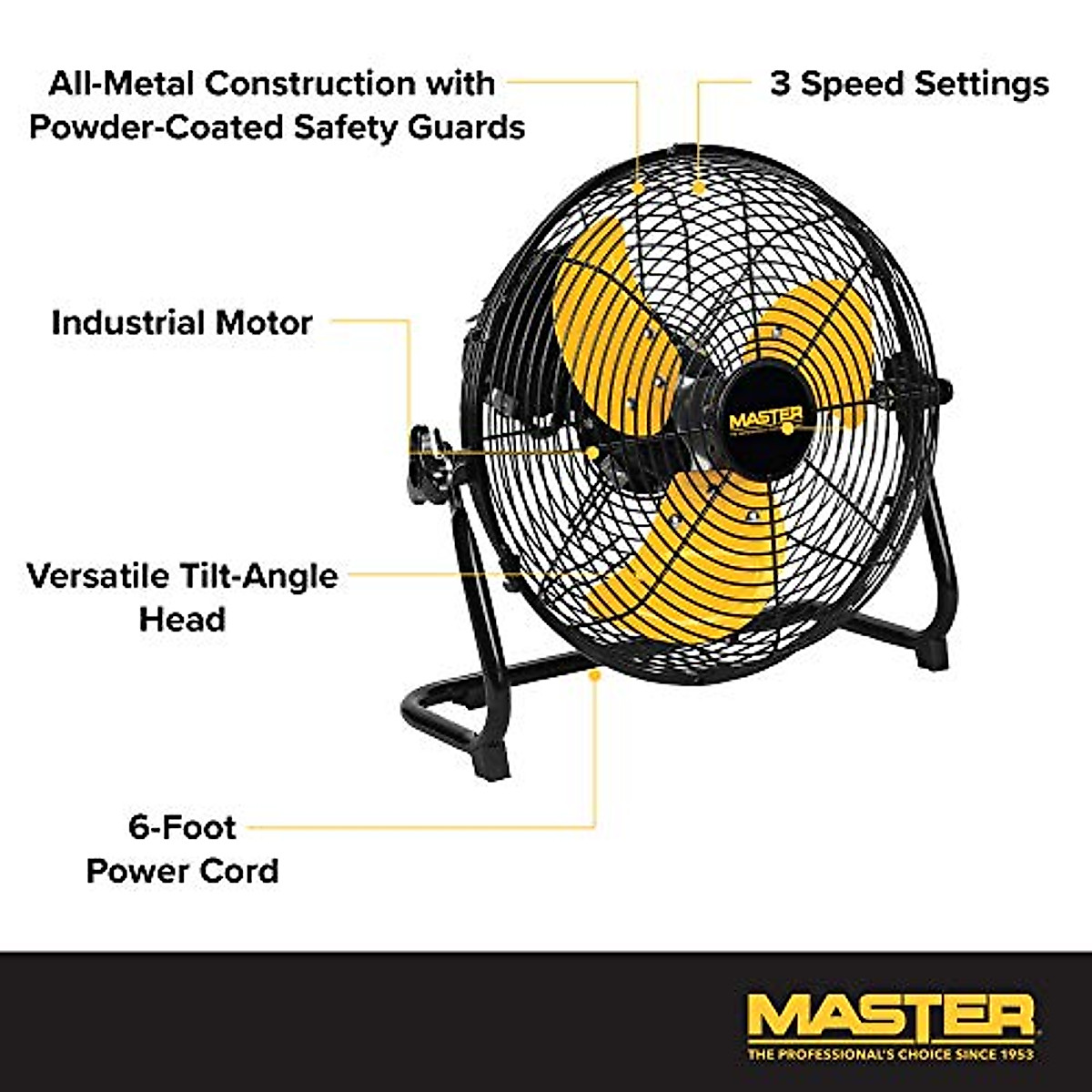Master 12 Inch Industrial High Velocity Floor Fan - Direct Drive, All-Metal Construction with Steel-Coated Safety Grill, 3 Speed Settings (MAC-12F)