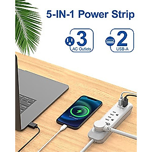 USB Power Strip Surge Protector Long Extension Cord 6 feet, 3 Outlets, 2 USB Ports (2.4A/12W), Overload Protection, Mountable Power Strip for Home Office, 1250W/10A, SGS Listed, White