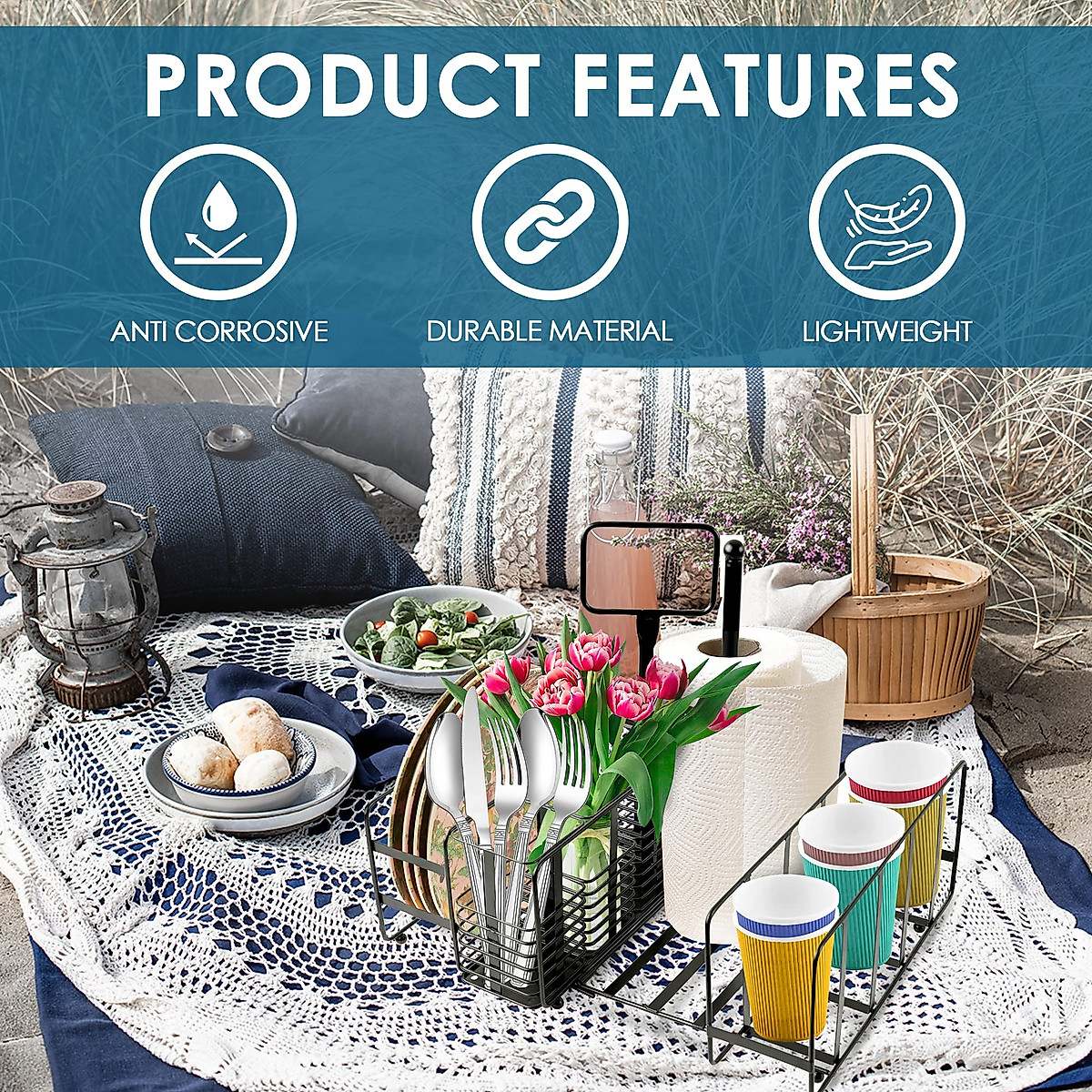 Gemini Home Collection Picnic Caddy, Outdoor Picnic Condiment Organizer, and Flatware Utensil Caddy, Silverware Condiment Organizer Suitable for Dining, Entertaining, Picnics, Kitchen