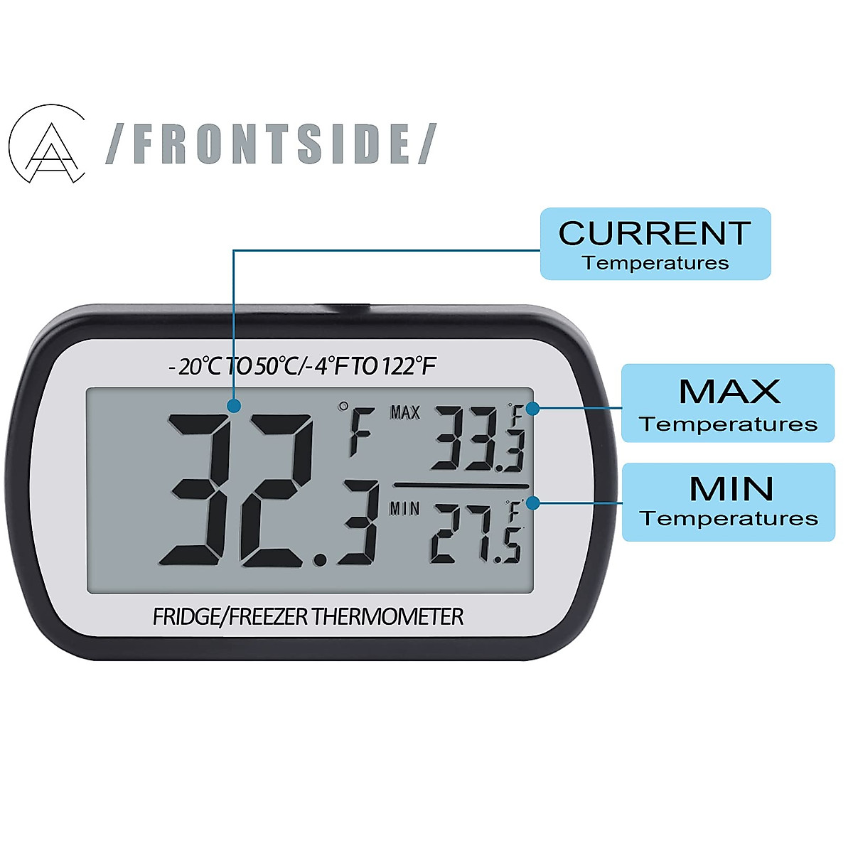 AEVETE Refrigerator Thermometer Digital Fridge Freezer Thermometer with Magnetic Back Large LCD, No Frills Easy to Read (Black-2 Pack)