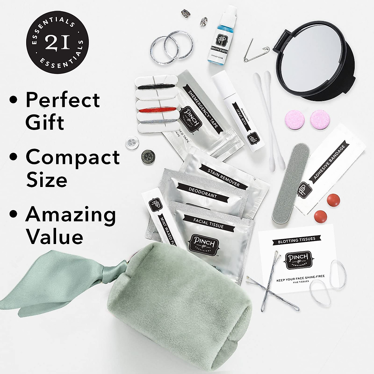 Pinch Provisions Minimergency Kit for Brides, Velvet Sage, Includes 21 Must-Have Emergency Essential Items for Your Big Wedding Day, Compact, Multi-Functional Zipper Pouch, Perfect Survival Kit Gift