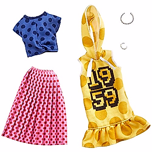 Barbie Clothes -2 Outfits for Barbie Doll Feature Polka Dots on a Yellow Hoodie Dress, a Blue Top and Pink Skirt, Plus 2 Accessories, Gift for 3 to 8 Year Olds