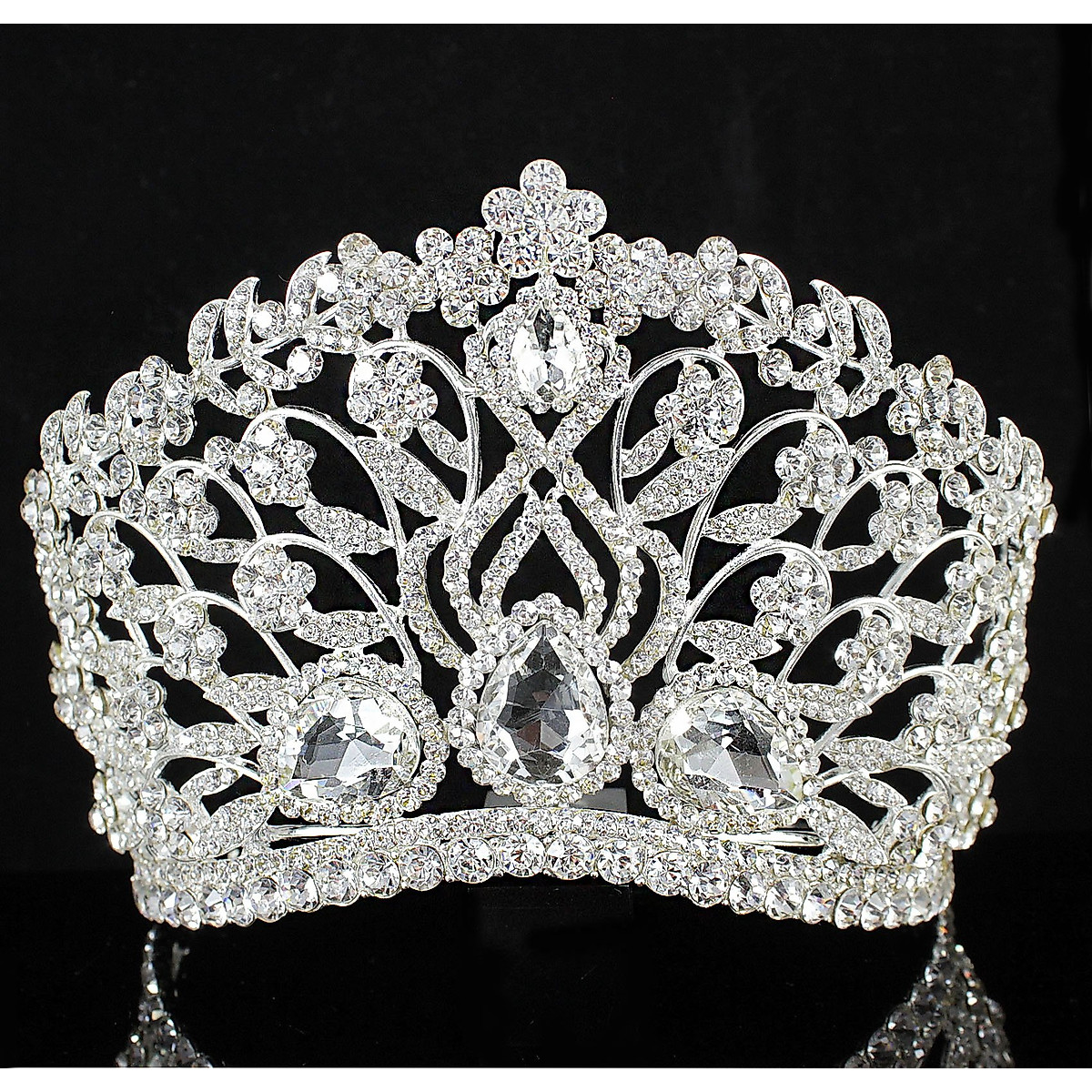 Janefashions Large Floral Clear White Austrian Rhinestone Crystal Tiara Crown With Hair Comb Headband Veil Headpiece Beauty Queen Princess Pageant Theater Show Bridal Gold Silver T901 (Silver)