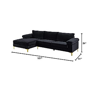 Casa Andrea Milano Modern Sectional Sofa L Shaped Velvet Couch, with Extra Wide Chaise Lounge and Gold Legs