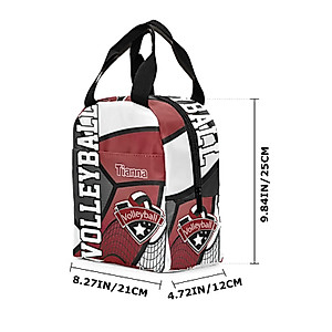 Volleyball Red White Black Reusable Insulated Neoprene Lunch Tote Bag Cooler with 2 Pockets Custom Personalized Portable Lunchbox Handbag with Name for Gift