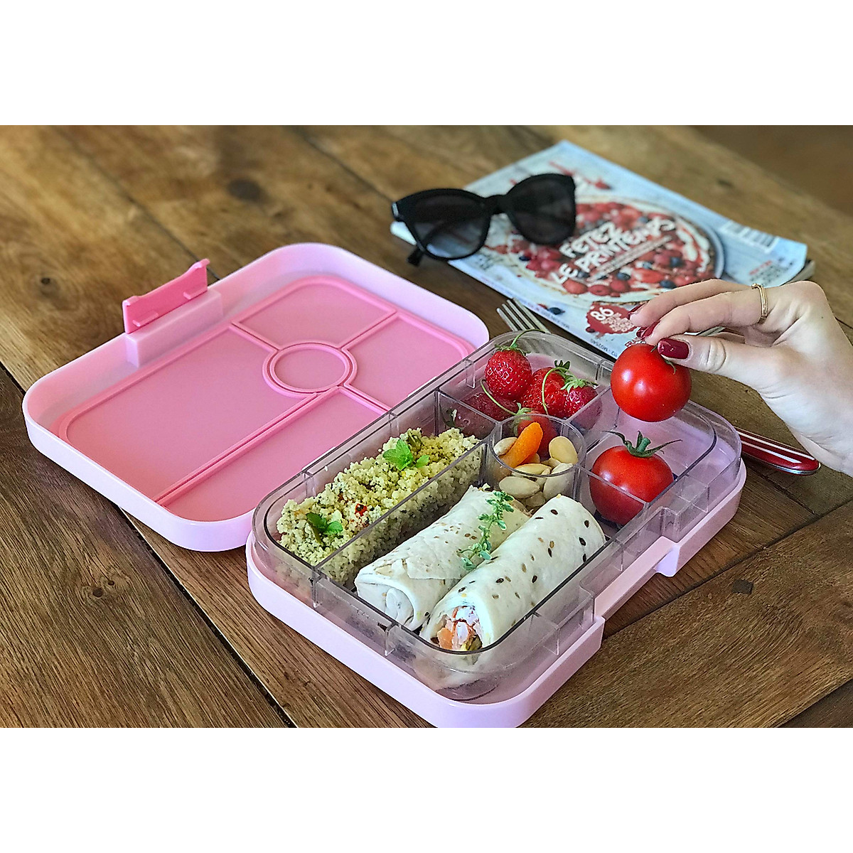 Yumbox Tapas Leakproof Bento Box, Lunch box for women, Teens and Kids, Large size, 4 compartment tray with large section for sandwich, salads plus sides and dip well (Capri Pink - Rainbow)